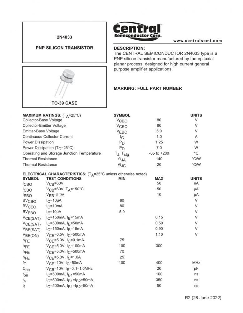 Central 2N4033 datasheet page 1