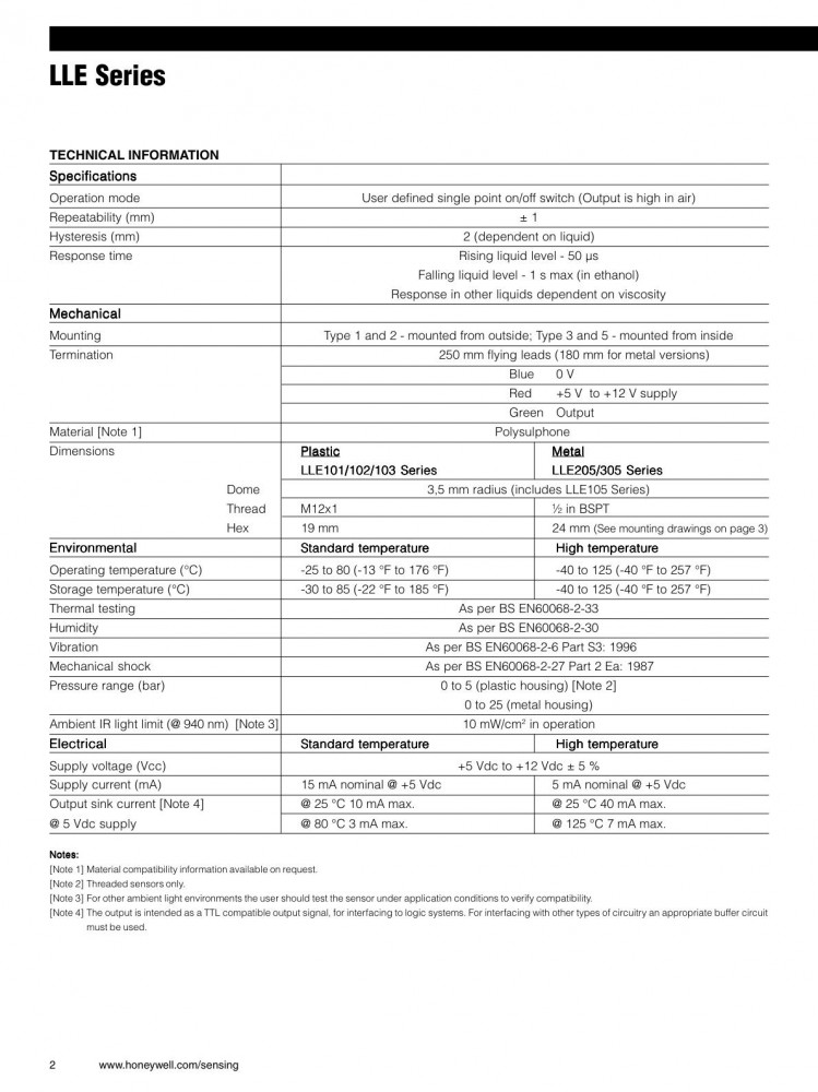 Honeywell LLE Series datasheet page 2