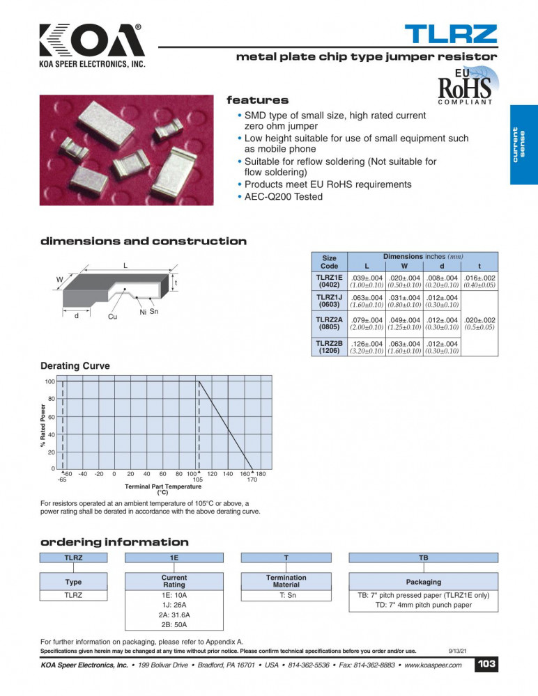 KOA TLRZ series technical document page 1