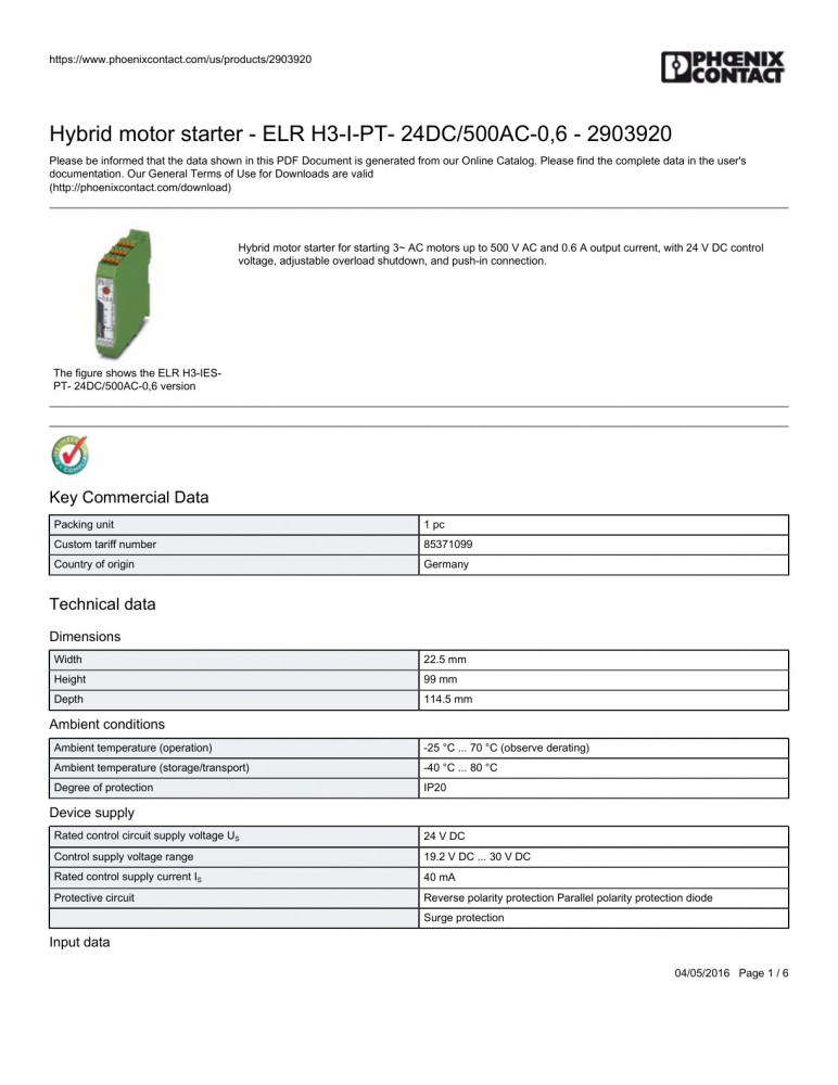 Phoenix Contact 2903920 technical document page 1