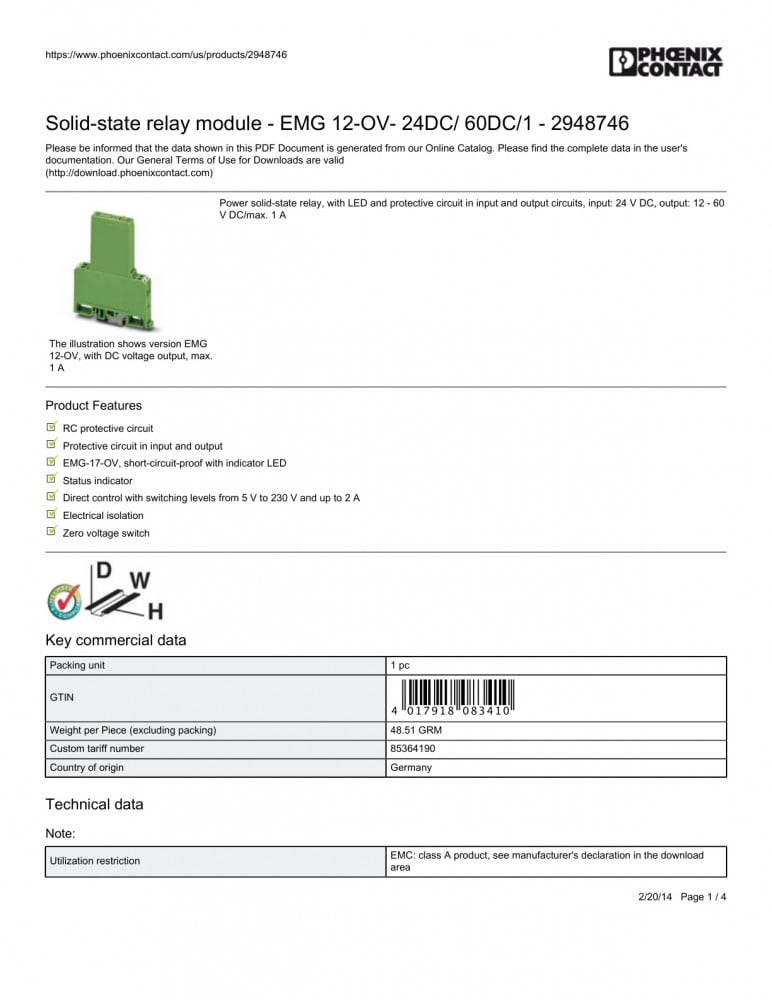 Phoenix Contact 2948746 technical document page 1
