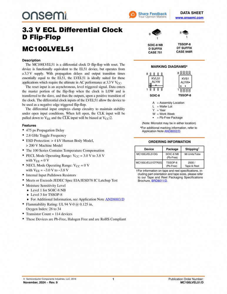 MC100LVEL51 datasheet page 1