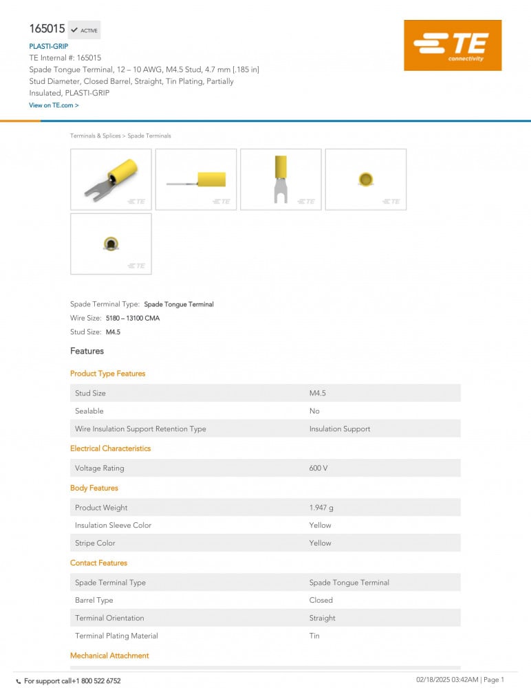 TE Connectivity 165015 document page 1