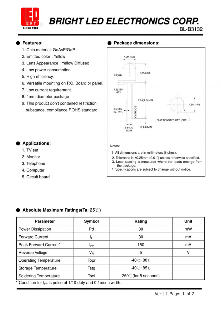 BL-B3132 datasheet page 1, product and package information
