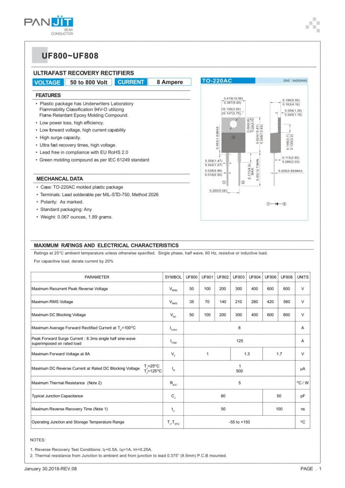 PANJIT UF800 to UF808 datasheet page 1