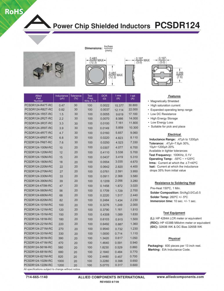 PCSDR124 series datasheet page with electrical specifications and product information