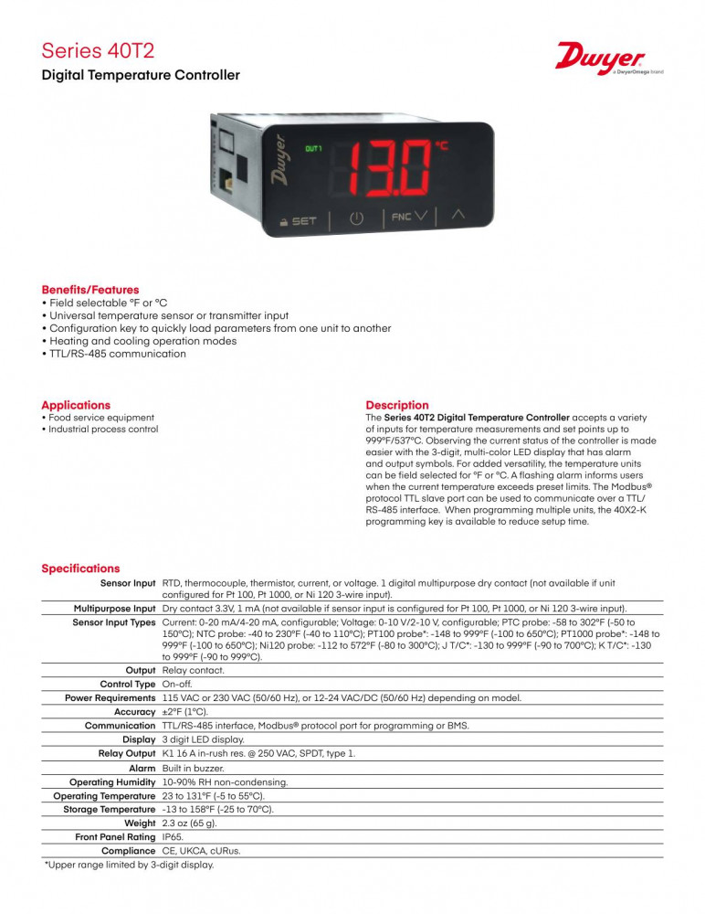 Series 40T2 digital temperature controller technical document page 1