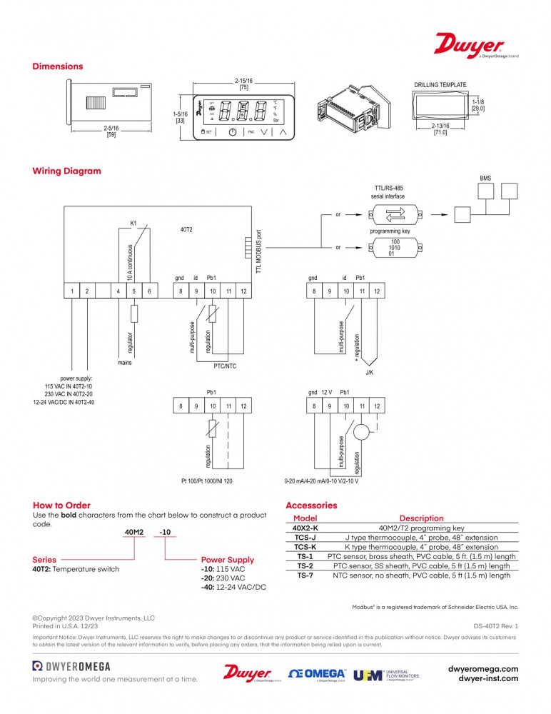 Series 40T2 digital temperature controller technical document page 2
