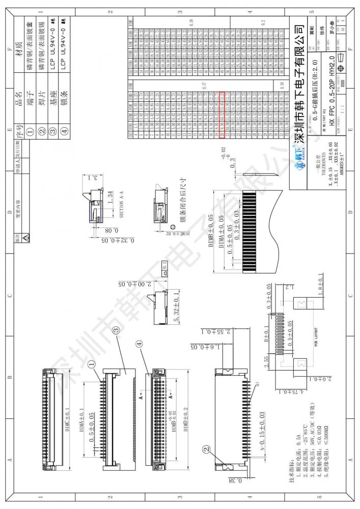 HX FPC 0.5-20P HYH2.0 specification page 1