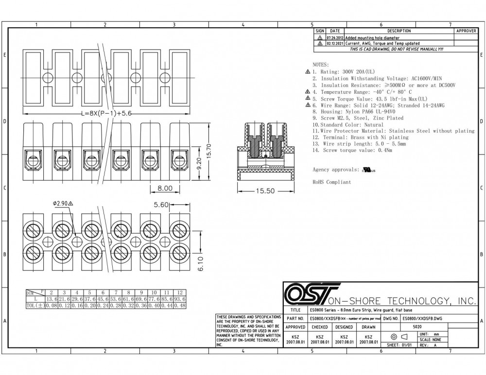 ES0800 Series 8.0 mm Euro Strip terminal block drawing