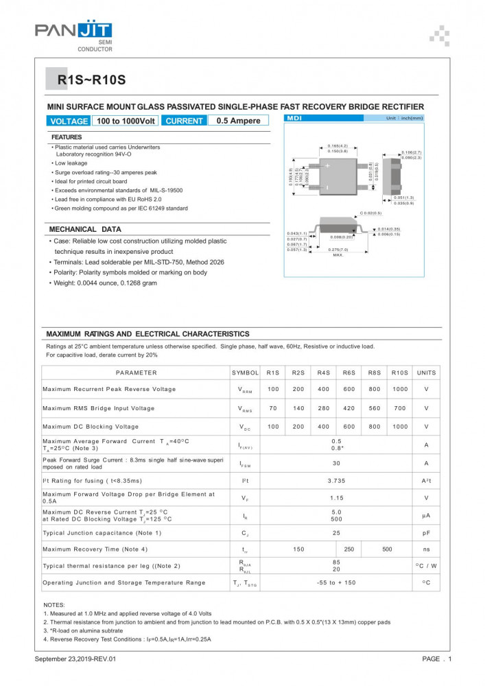 PANJIT R1S to R10S datasheet page 1
