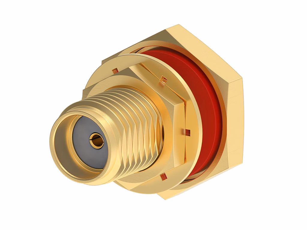 SMA Jack, Straight, Bulkhead, Solder Cup Contact, Nut and Lockwasher Included, Brass Body, Gold, (Au) Plated, One Piece Per Bag, 50 Ohms for sale