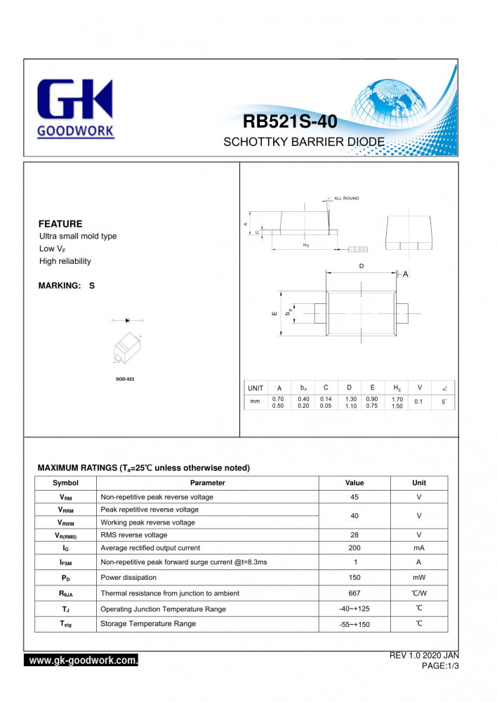 RB521S-40 datasheet page 1