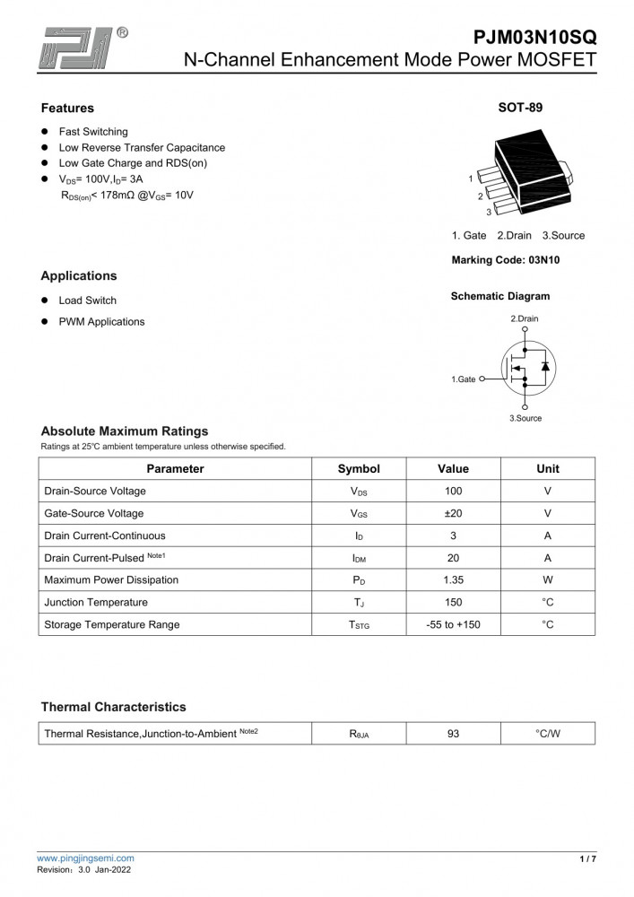 PJM03N10SQ datasheet page 1