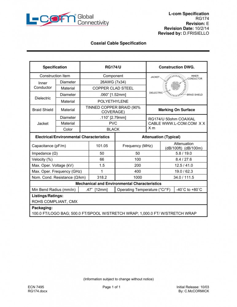 L-com RG174-100 technical specification drawing