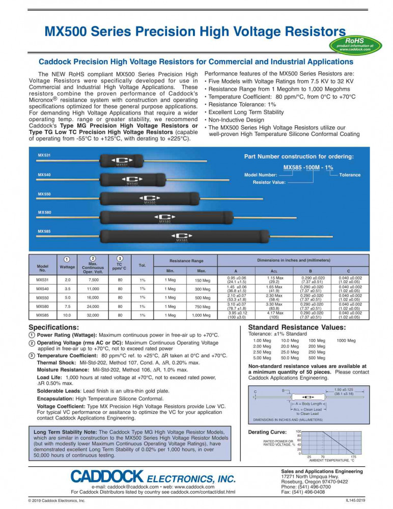 Caddock MX500 precision high-voltage resistor technical document preview