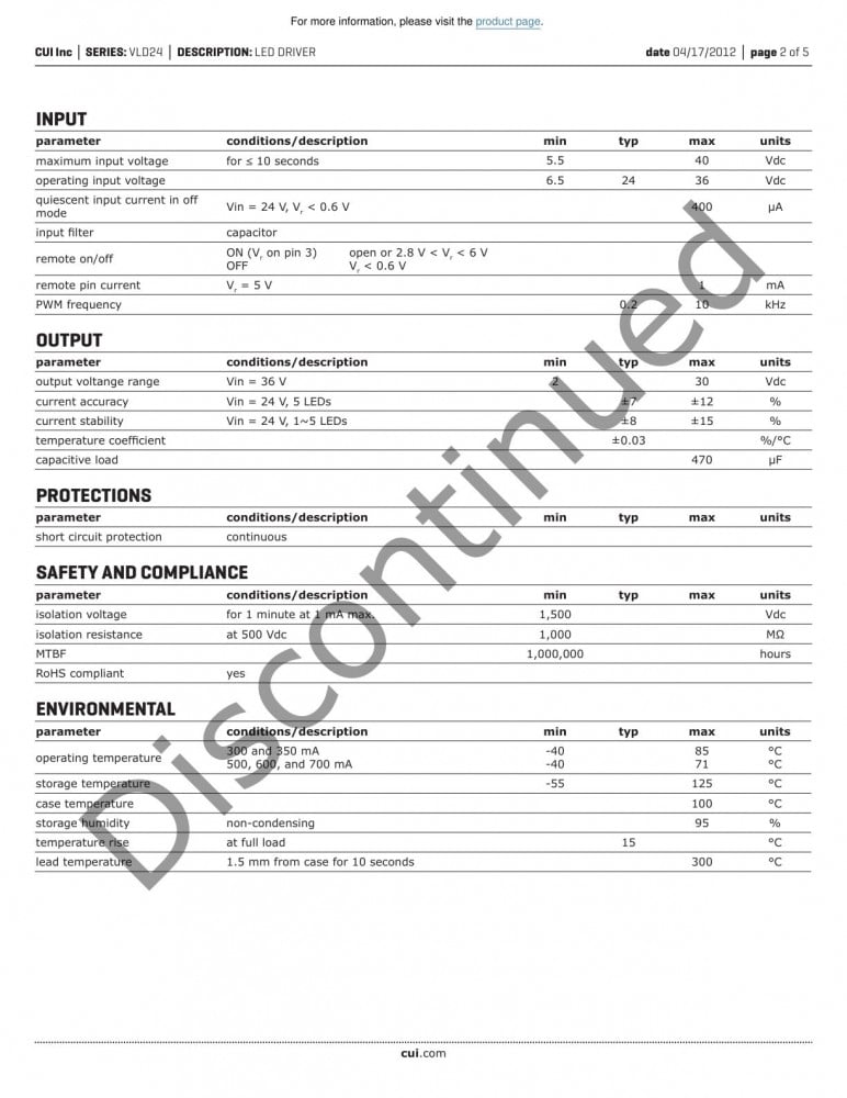 CUI VLD24-500 datasheet page 2