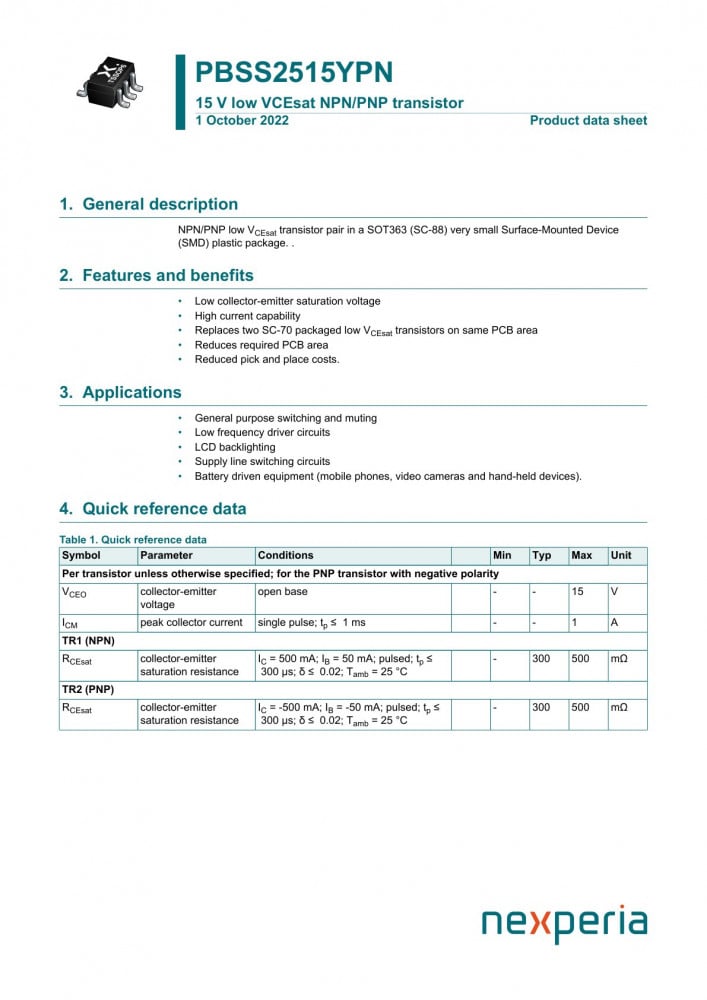 PBSS2515YPN datasheet page 1