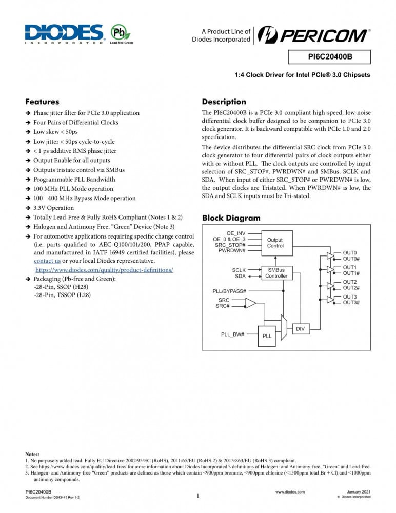 PI6C20400BLEX datasheet page 1