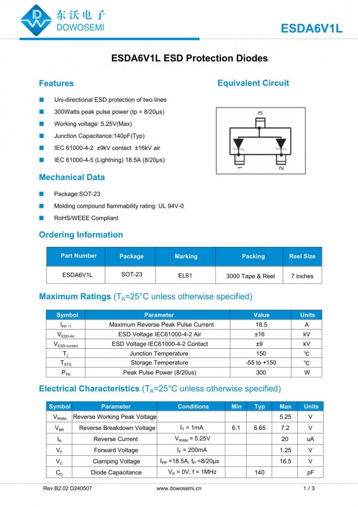 ESDA6V1L-DW datasheet page 1
