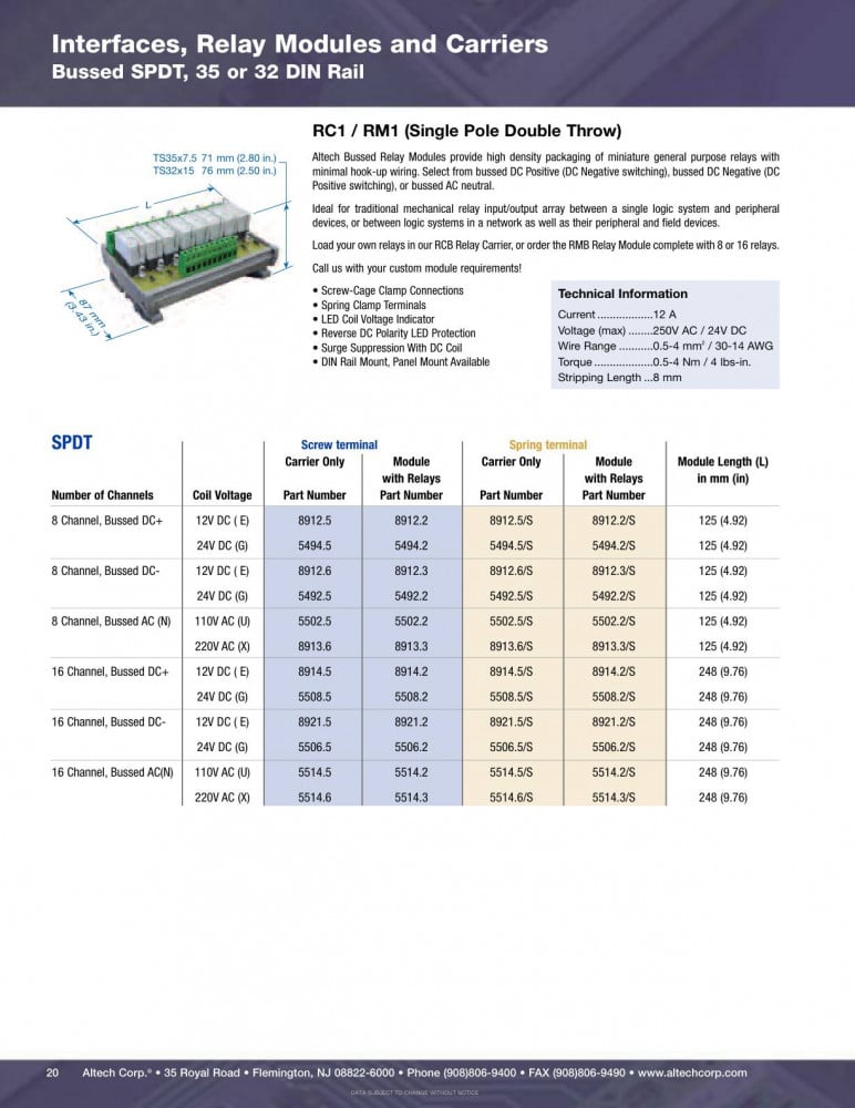 Altech bussed SPDT relay module technical document
