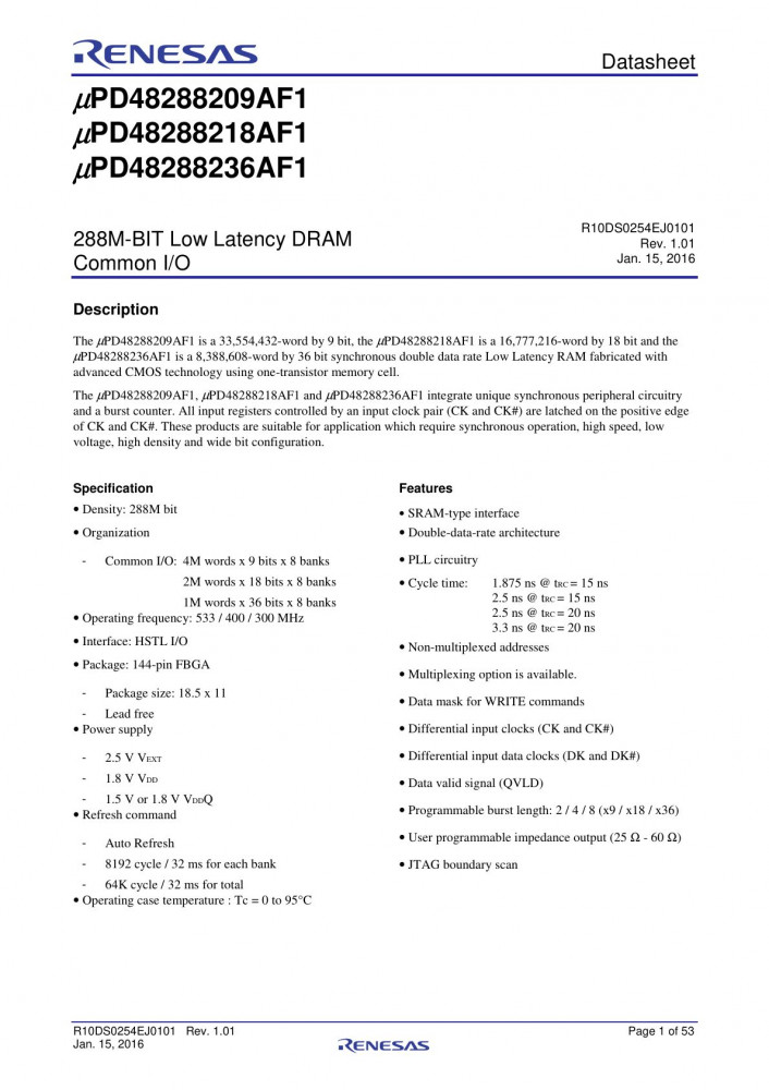 RENESAS μPD48288209AF1 datasheet page 1