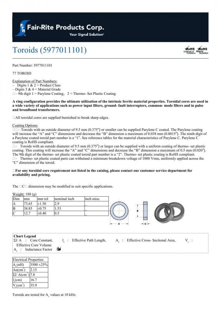 Fair-Rite 5977011101 technical document page 1