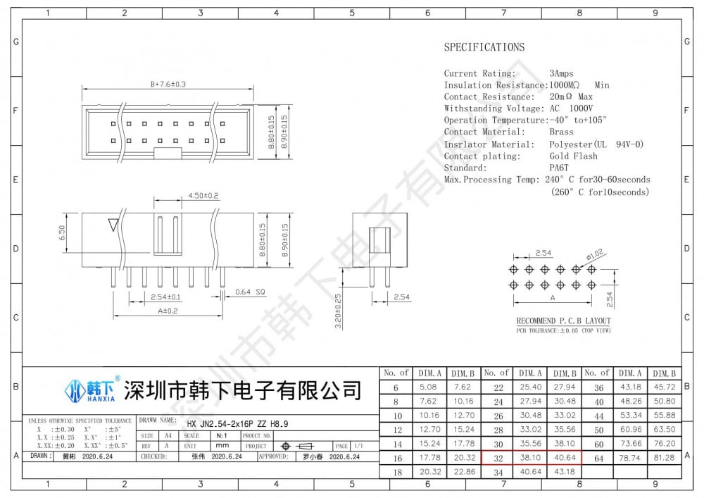 HANXIA HX JN2.54-2x16P ZZ H8.9 technical drawing