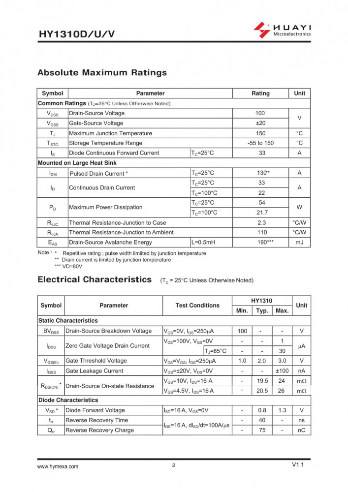 HY1310D datasheet page 2