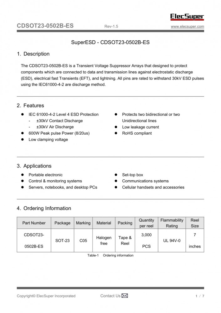 CDSOT23-0502B-ES datasheet page 1