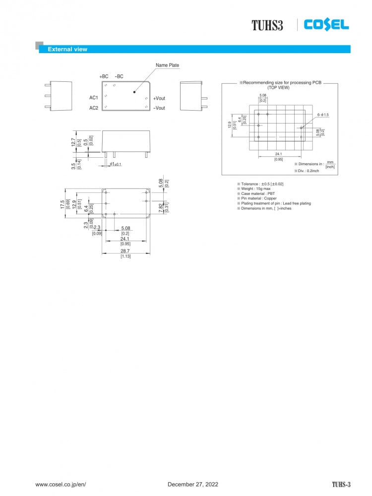 Cosel TUHS series datasheet page 3