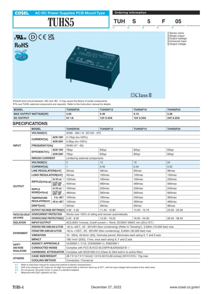 Cosel TUHS series datasheet page 4