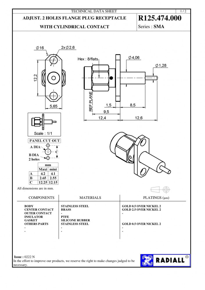 Radiall R125.474.000 technical datasheet page 1