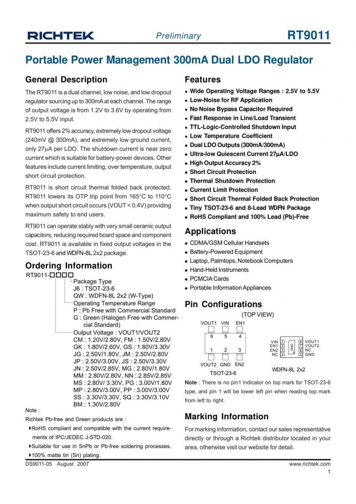 RT9011 datasheet page 1