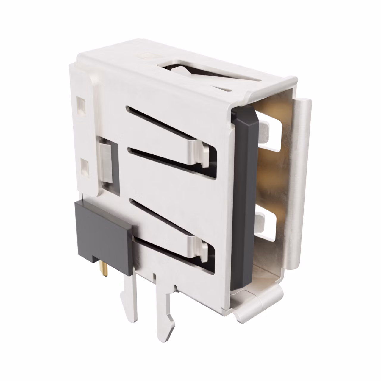 Universal Serial Bus (USB) Shielded I/O Receptacle, Type A Single Upright Right-Angle, Solder Tail Length 2.00mm, 3.65mm Beveled Metal Pins, PCB Thickness 1.60mm, 0.76µm Gold (Au) Plating, Lead-Free for sale