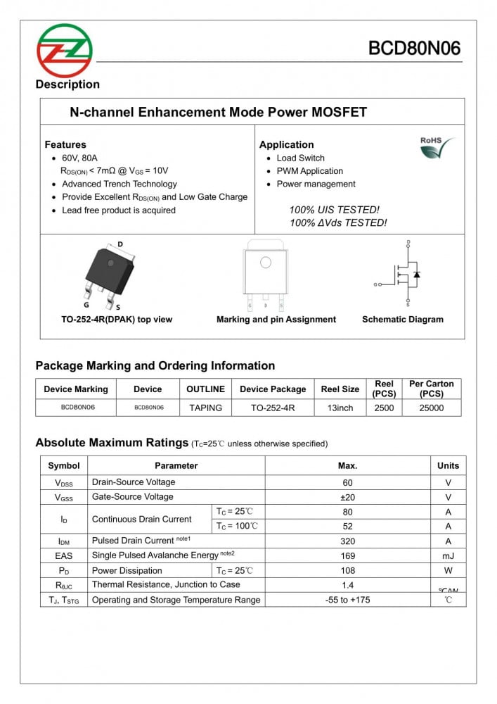 BCD80N06 datasheet page 1