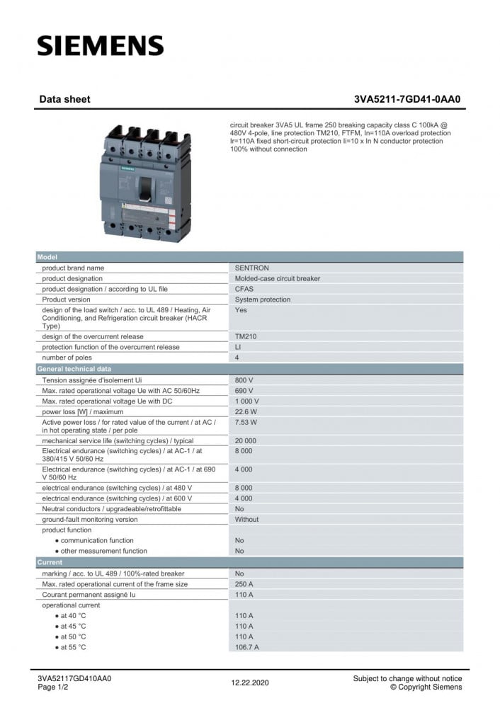 3VA5211-7GD41-0AA0 technical document page 1
