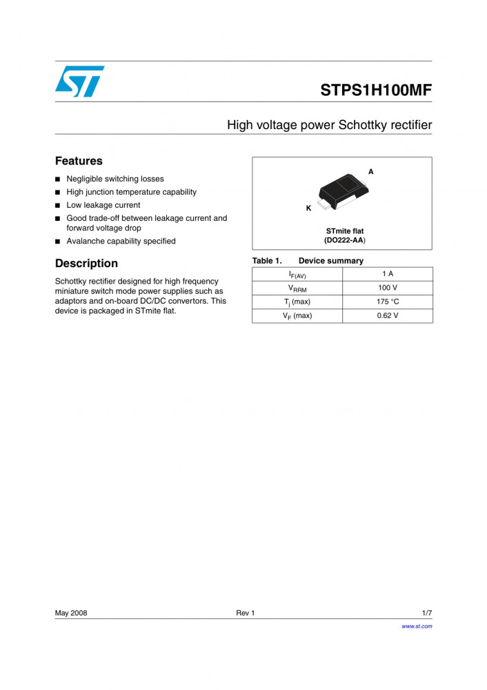 STPS1H100MF datasheet page 1