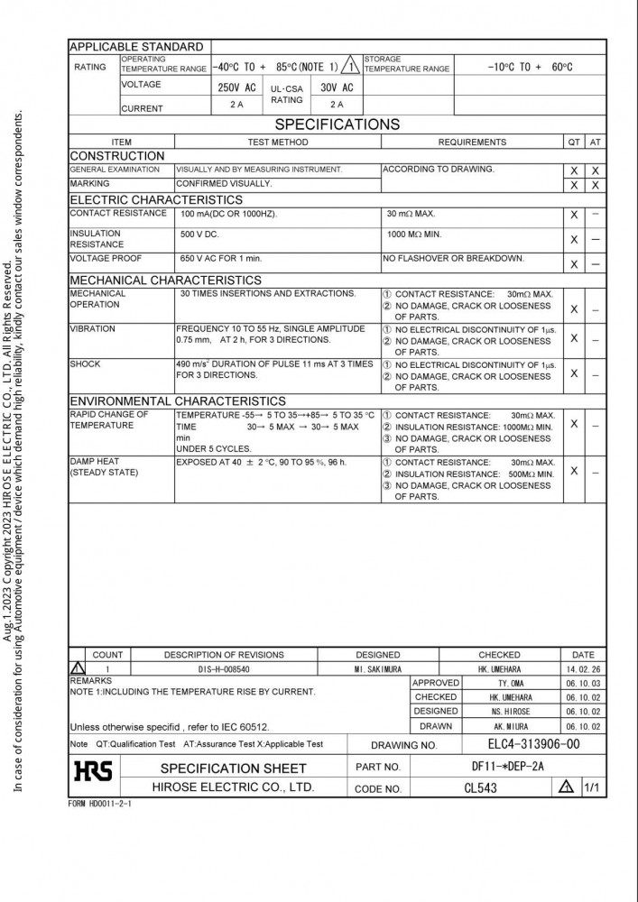HRS DF11 specification sheet preview