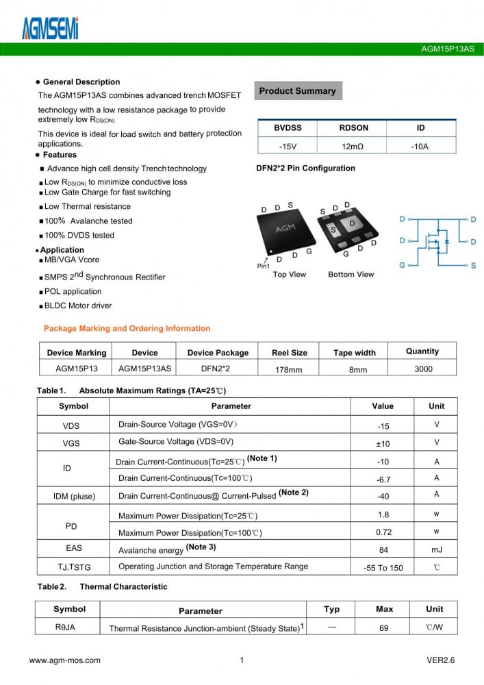 AGM15P13AS datasheet page 1