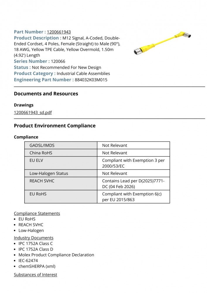 Molex M12 cable assembly drawing, page 1