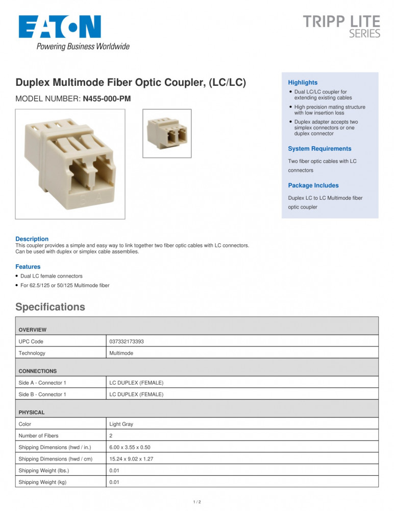 EATON N455-000-PM technical document page 1