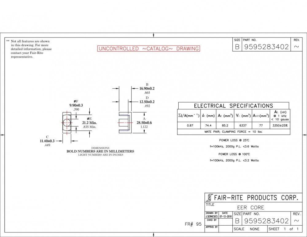 Fair-Rite 9595283402 EER core drawing