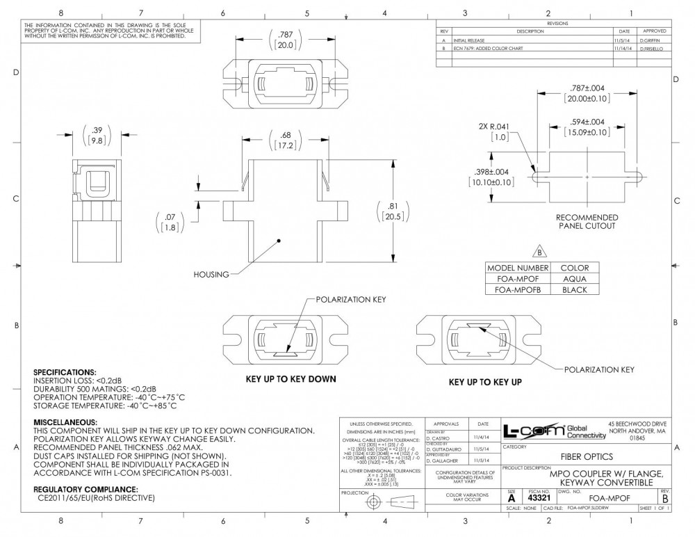 L-com FOA-MPOF drawing, applicable color selection includes FOA-MPOFB black