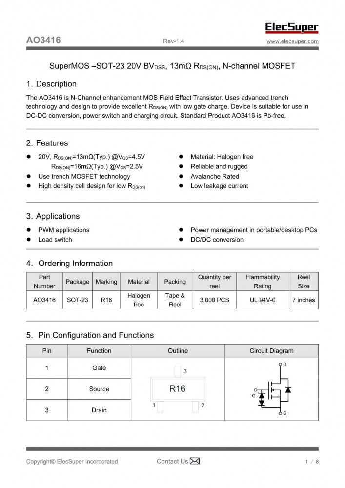 AO3416 datasheet page 1
