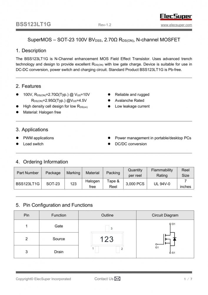 BSS123LT1G datasheet page 1