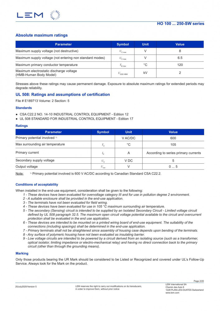 HO 100-SW datasheet page 2