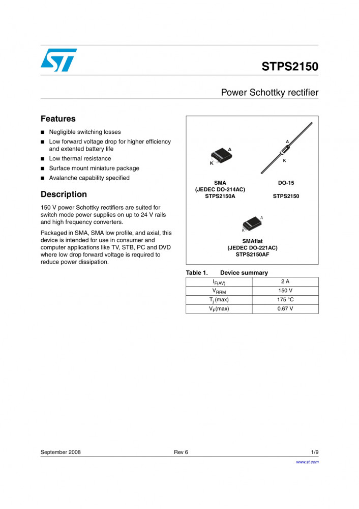 STPS2150 datasheet page 1