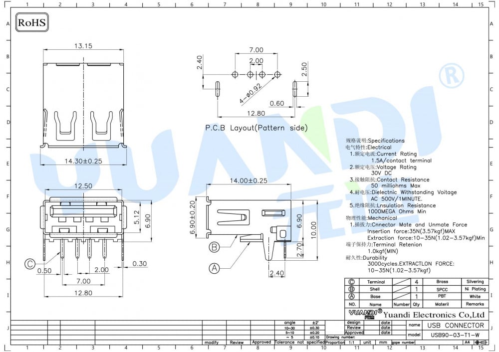 Yuandi USB90-03-T1-W product specification drawing