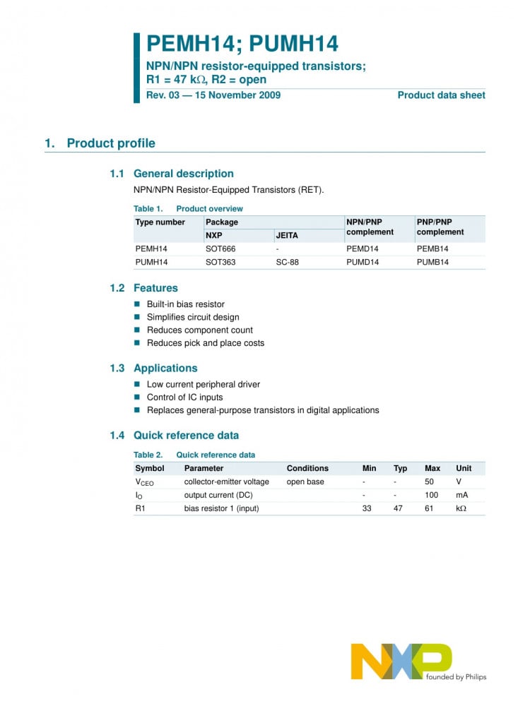 PUMH14 datasheet page 1